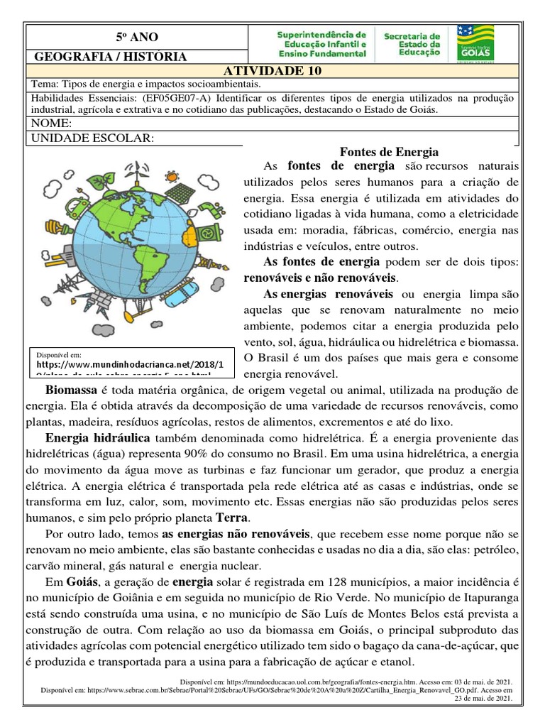 Atividade 10 5o Ano Geo Hist Tema Tipos de Energia e Impactos Socioambientais Professor | PDF ...