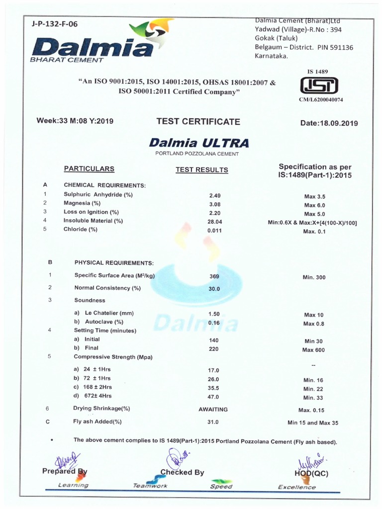 Dalmia-Cement-Ppc-33-2019 MTC | PDF