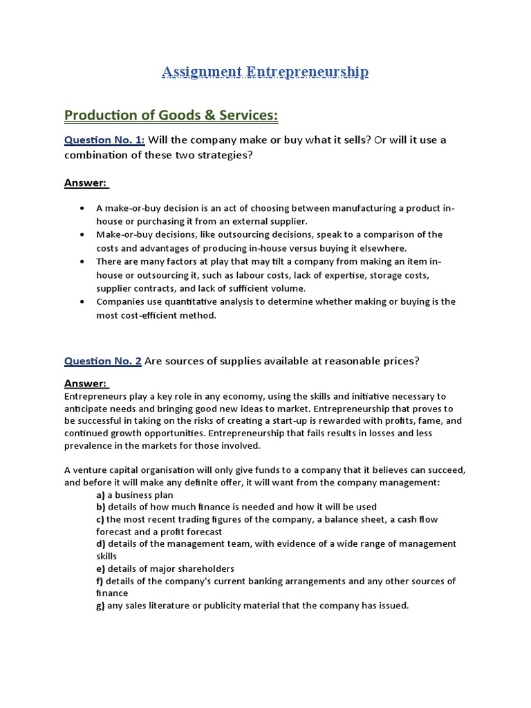 Entrepreneurship Production of Goods and Services | PDF ...