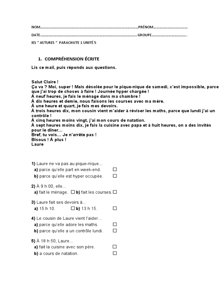 Compréhension écrite et orale - Unité 5 | PDF | Vêtements