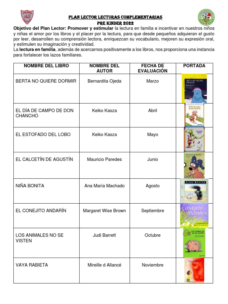 Plan Lector Lecturas Complementarias Pre Kinder 2022 | PDF