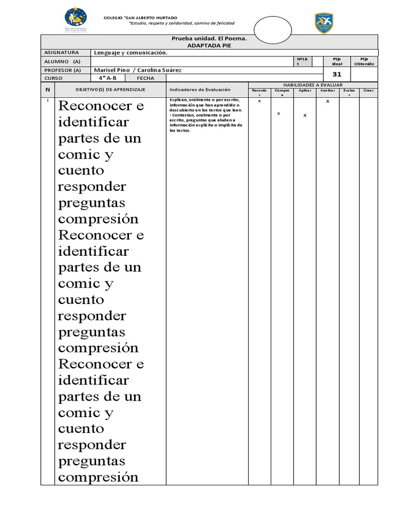 LENG 4° prueba unidad - poema ADAPTADA | PDF