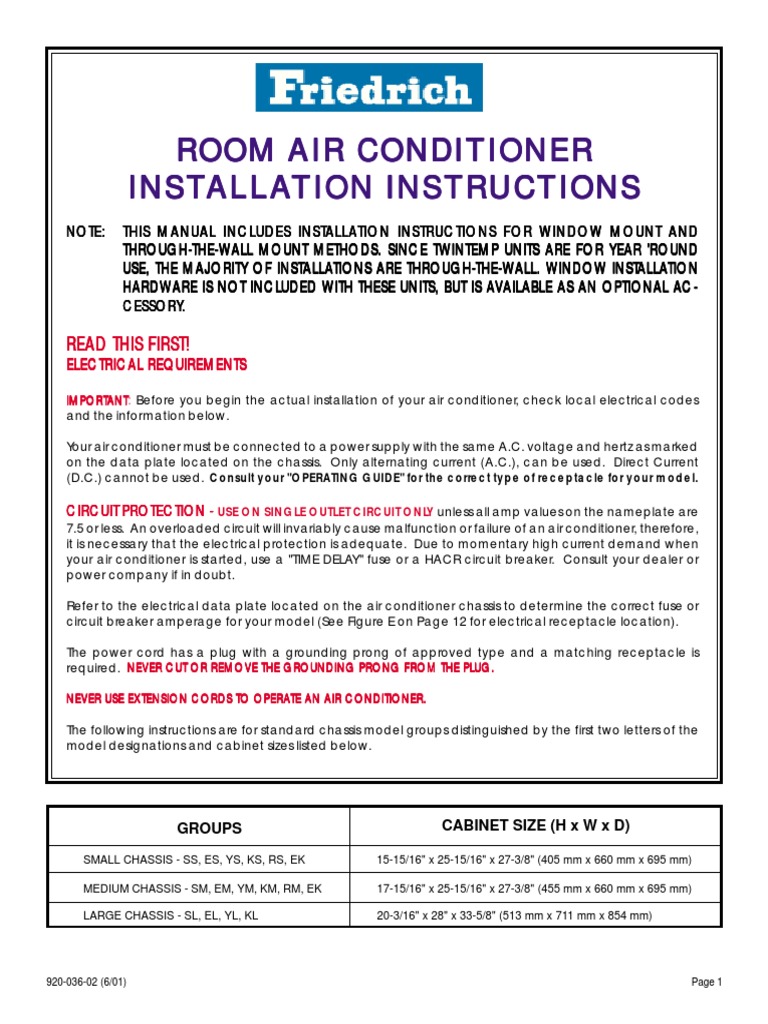Air Conditioner Installation Manual Friedrich | PDF | Masonry | Components