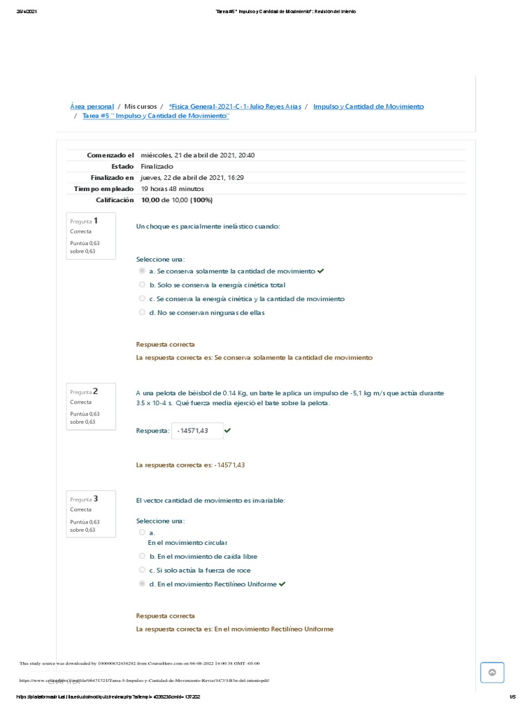 Tarea 5 Impulso y Cantidad de Movimiento Revisi N Del Intento PDF | PDF | Movimiento (física ...