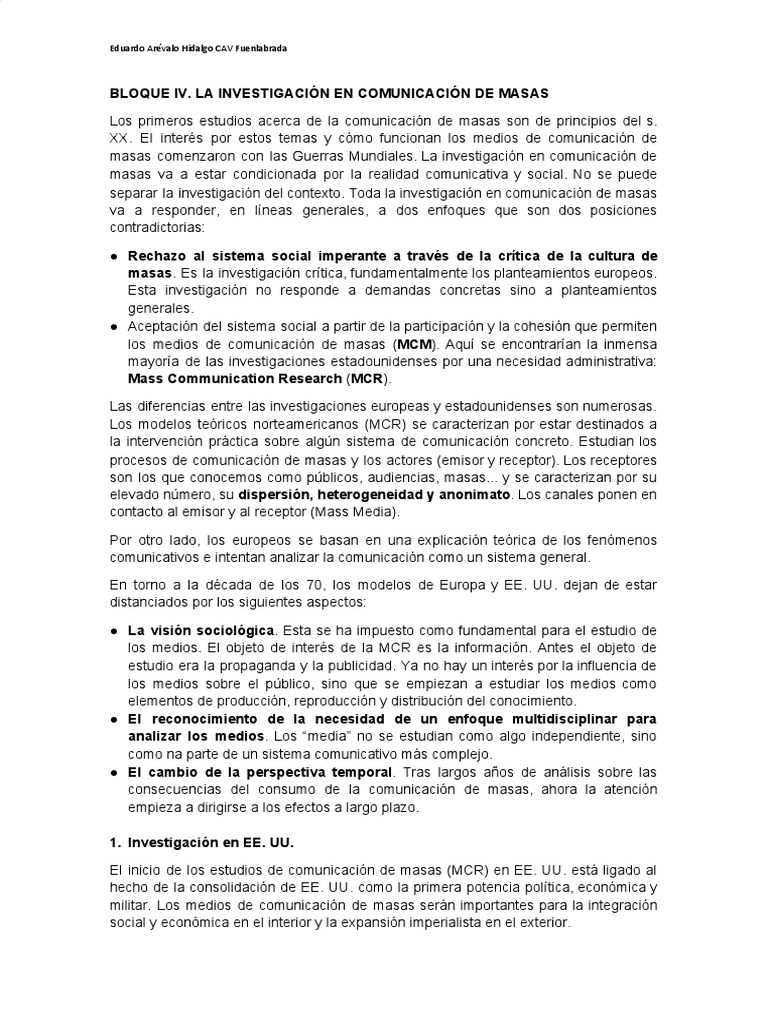 Bloque IV. La Investigación en Comunicación de Masas | Descargar gratis PDF | Medios de ...
