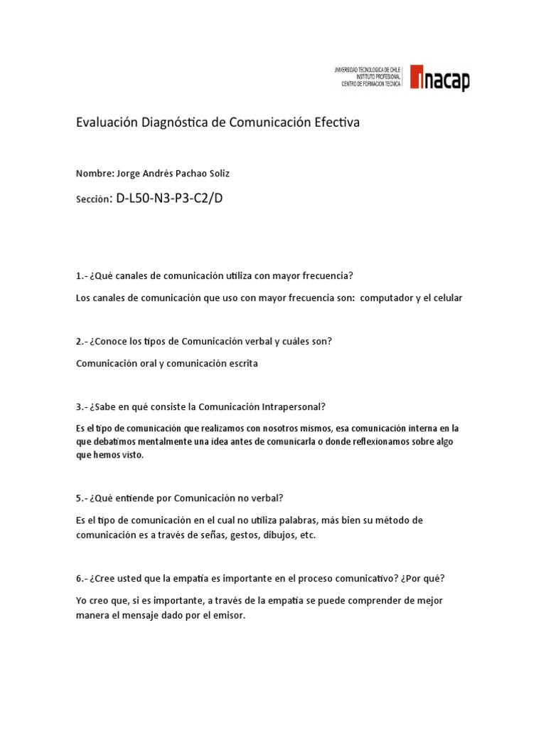 Evaluación Diagnóstica de Comunicación Efectiva. Jorge Pachao | PDF