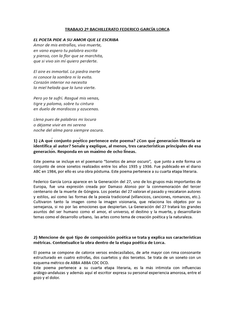 Análisis de "El poeta pide a su amor" | PDF | Federico García Lorca ...