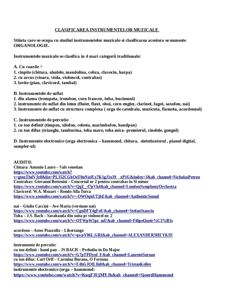 Clasa A V-A Clasificarea Instrumentelor Muzicale | PDF | Art