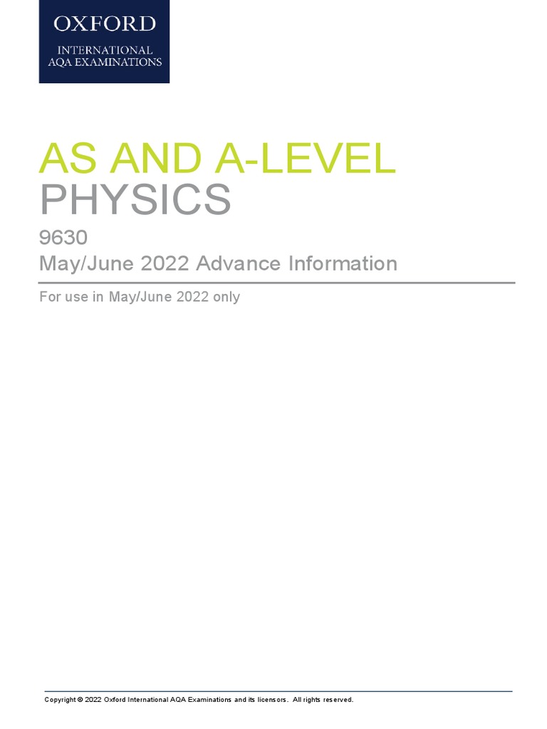 Oxfordaqa Advance Info 9630 International A Level Physics May June 2022 ...