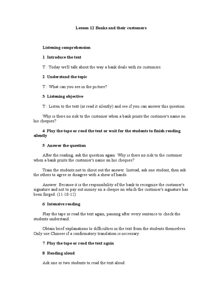 Lesson 12 Banks And Their Customers Pdf Banks Cheque