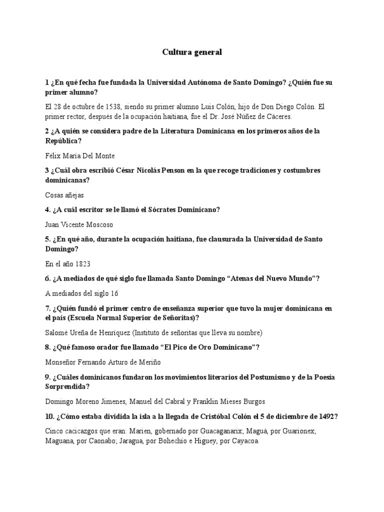 50 Preguntas de Cultura General Dominicana | PDF | República Dominicana