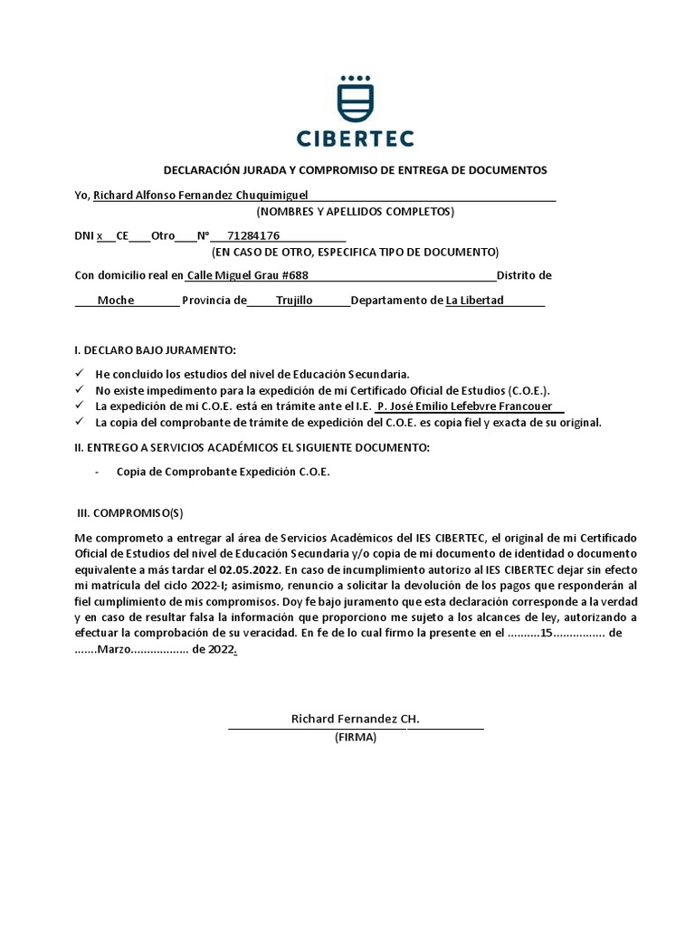 Declaración Jurada y Compromiso de Entrega de Documentos (2022-I) | PDF | Finanzas y dinero ...