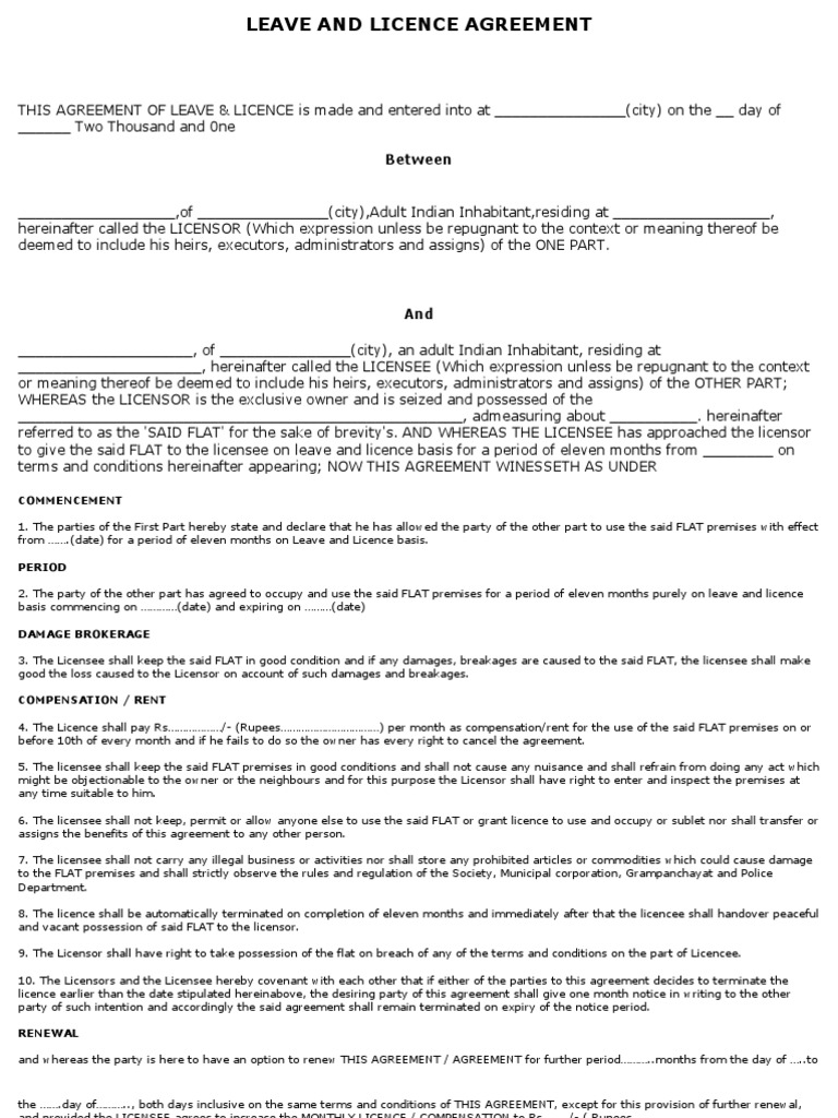 Leave Licence Agreement | PDF | License | Landlord