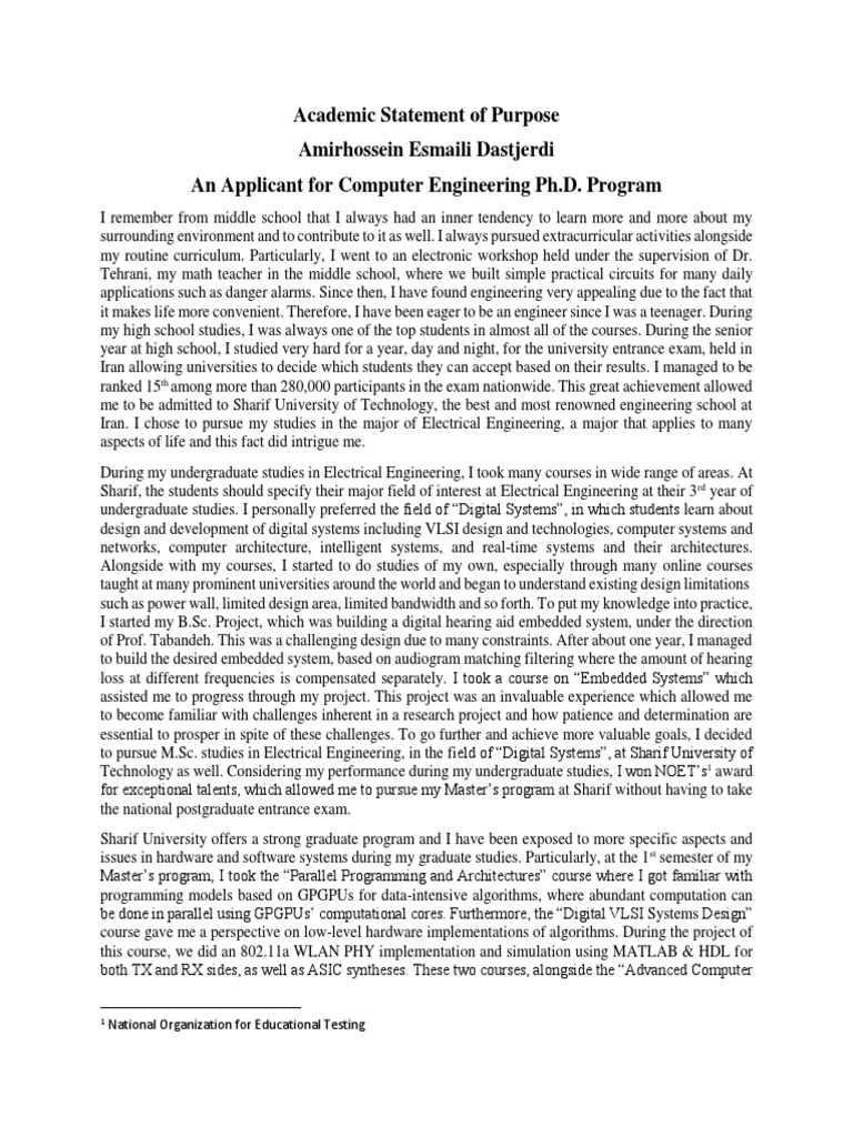 Amirhossein Esmaili Statement of Purpose | PDF | Electrical Engineering ...