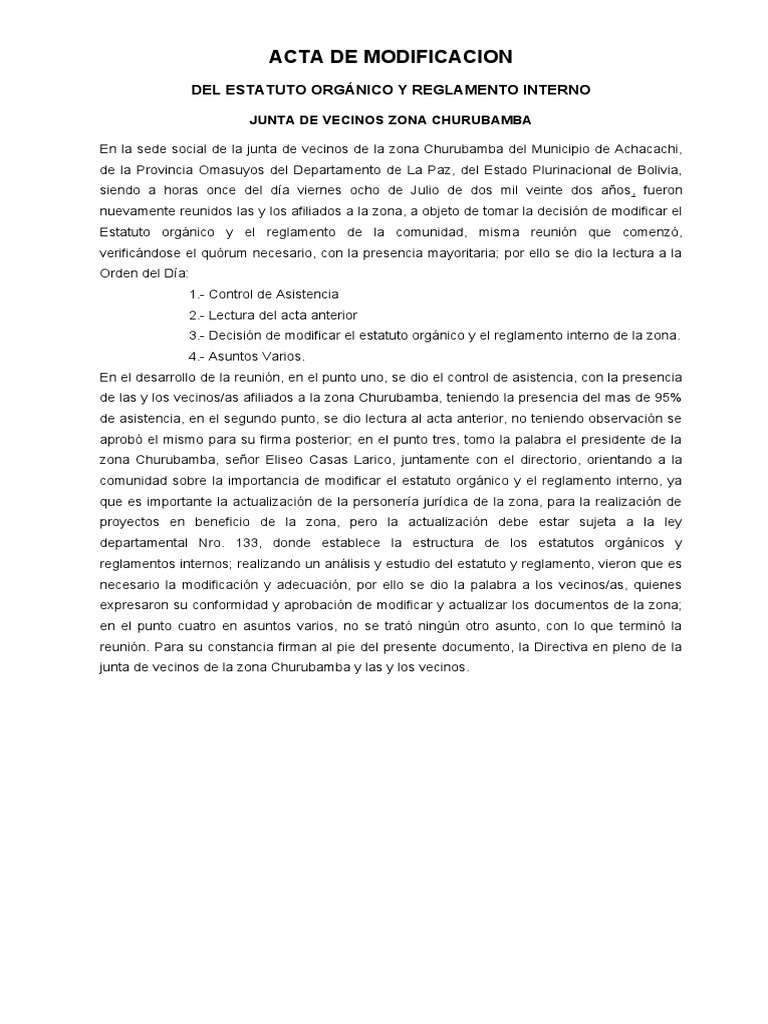 Acta de Modificacion Del Estatuto y Reglamento Interno | PDF