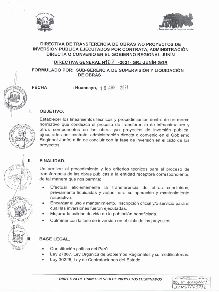 Directiva General N 002 - 2021 - Grj-Jun N-GGR - Directiva de Transferencia de Obras y 0 ...