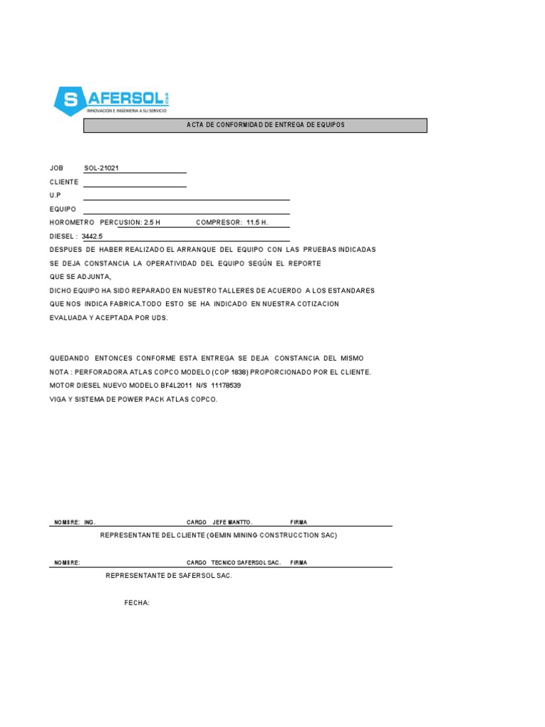 Acta de Entrega Rb281-Eq01 Safersol Sac. | PDF | Turbocompresor | Presión