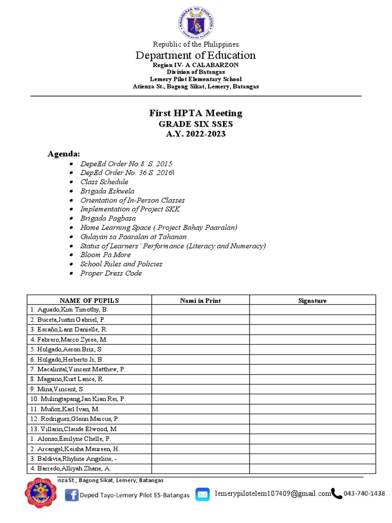 First HPTA Meeting Attendance With Agenda | PDF