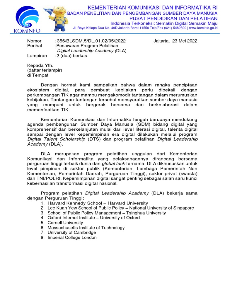 Surat Penawaran Program Pelatihan DLA Ke Kadis Kominfo | PDF