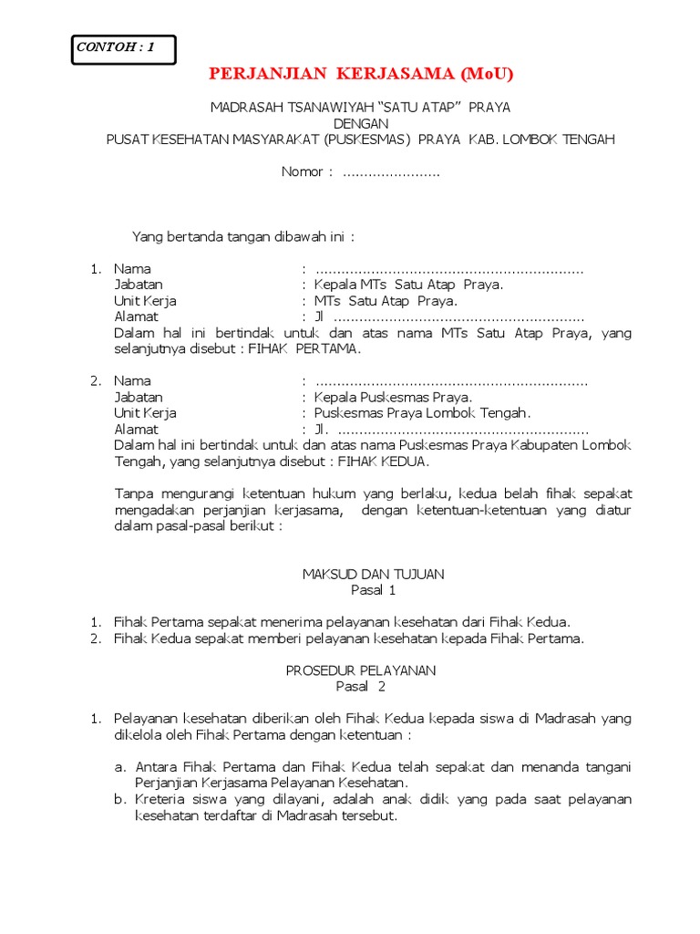CONTOH PERJANJIAN KERJASAMA (MoU) | PDF