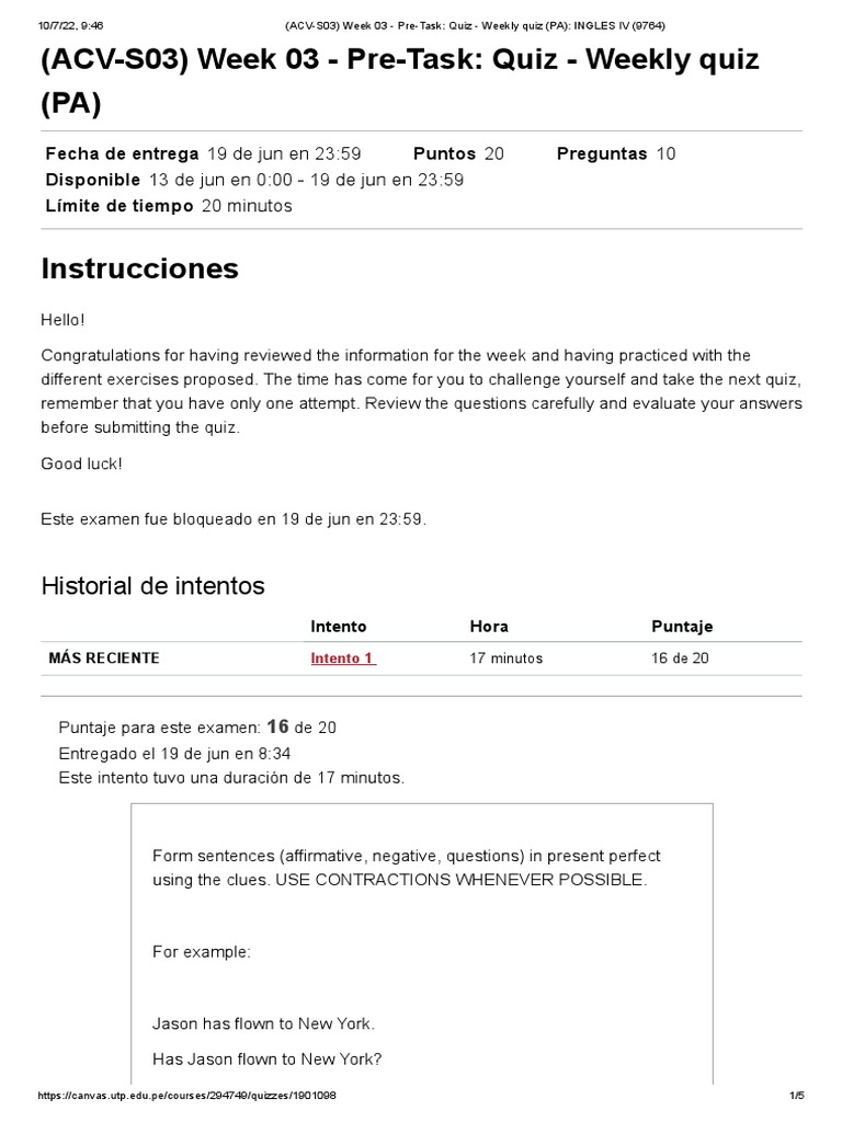 (ACV-S03) Week 03 - Pre-Task - Quiz - Weekly Quiz (PA) - INGLES IV (9764) | PDF