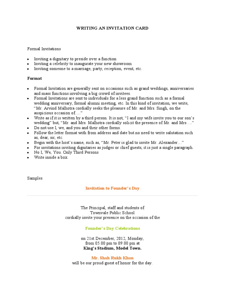 Writing An Invitation Card | PDF | Home & Garden