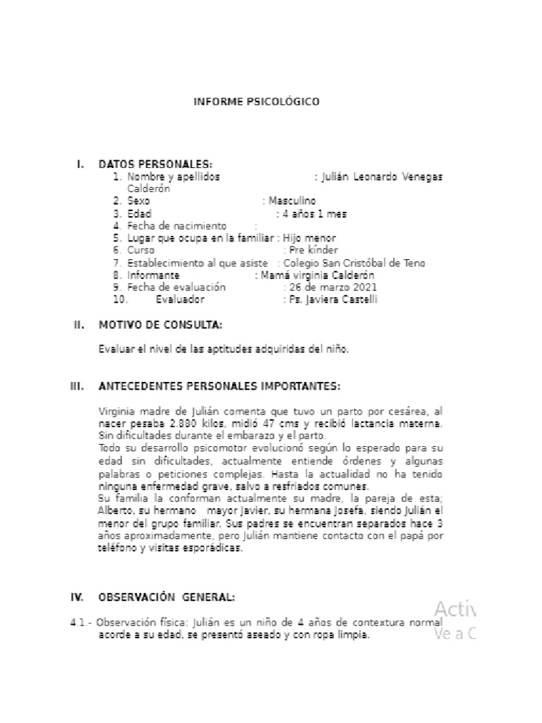 Ejemplo Informe Psicologico | PDF
