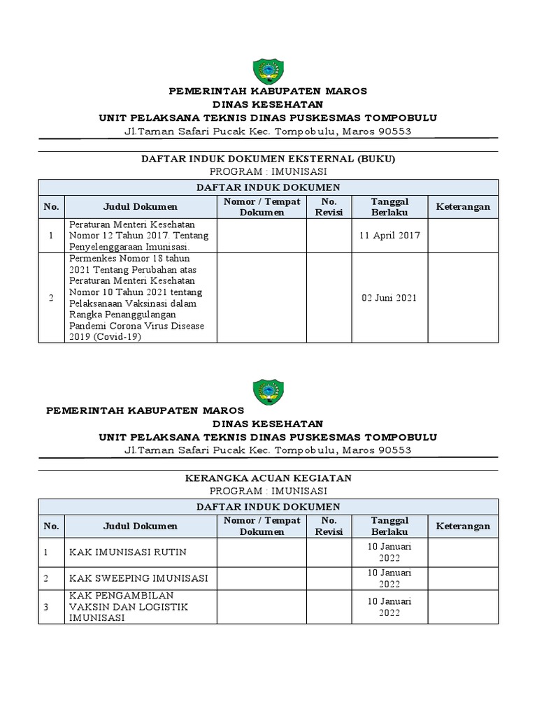 Daftar Tilik Dokumen Imunisasi | PDF