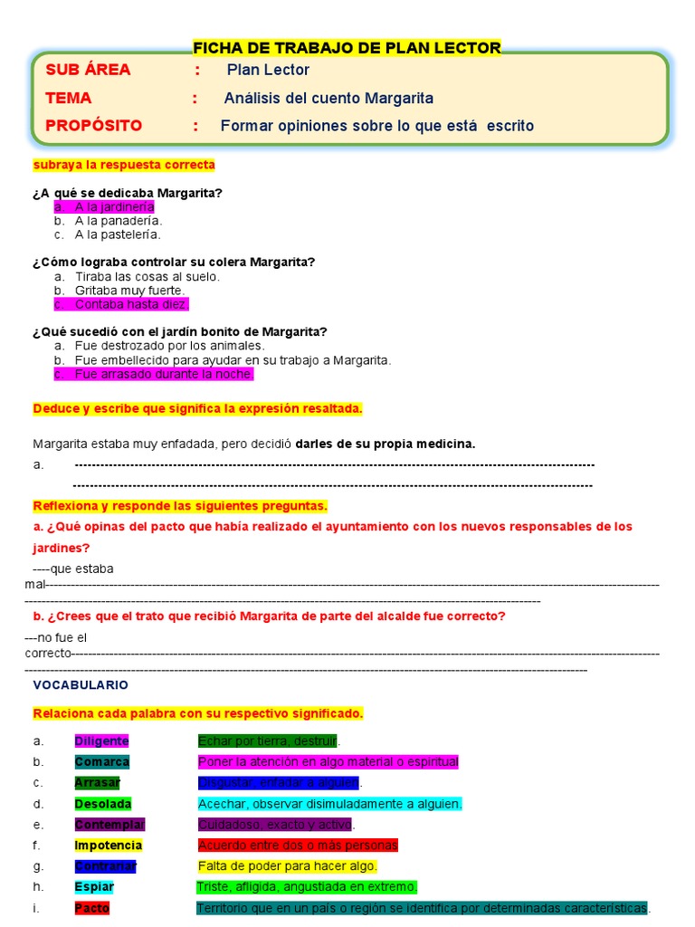 Ficha de Trabajo de Plan Lector | PDF