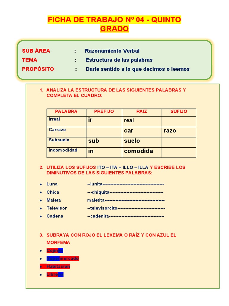 Hojas De Trabajo Sobre Palabras Con Sufijos Actividades Para Trabajar