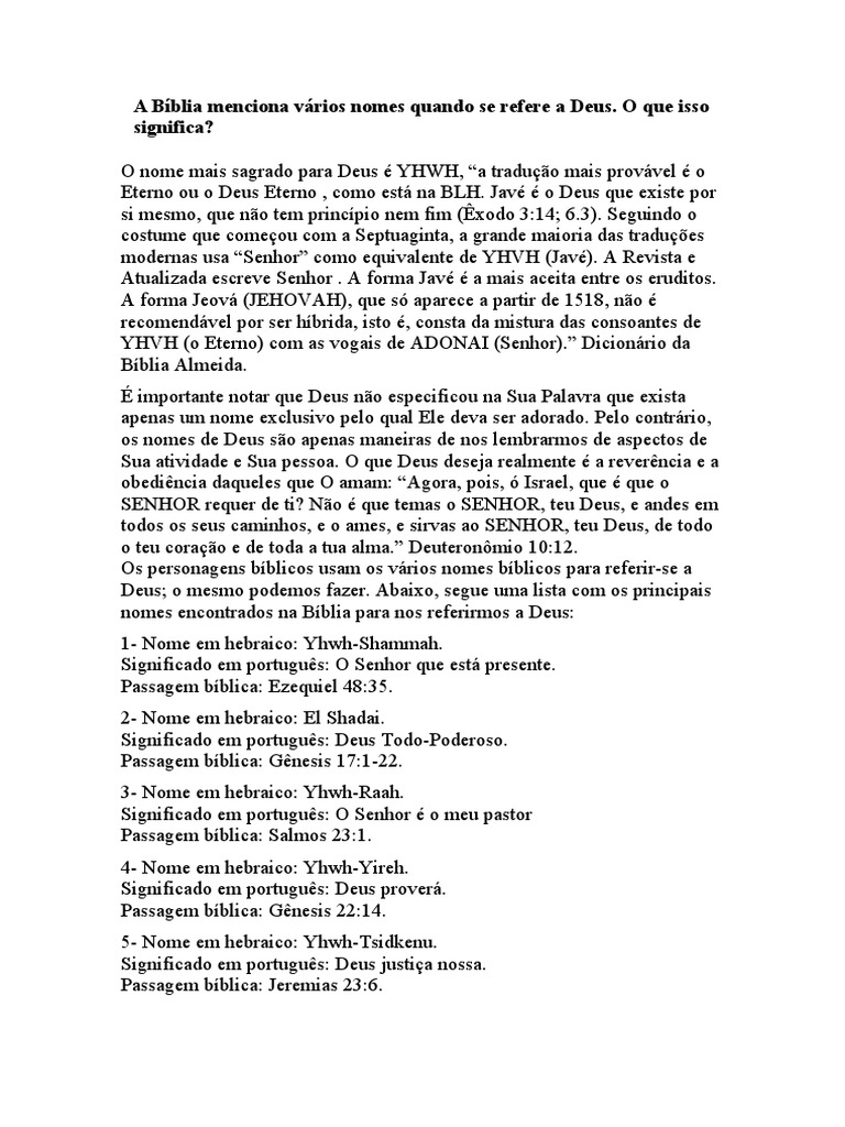 Os significados dos nomes de Deus na Bíblia | PDF | YHWH | Nomes de ...