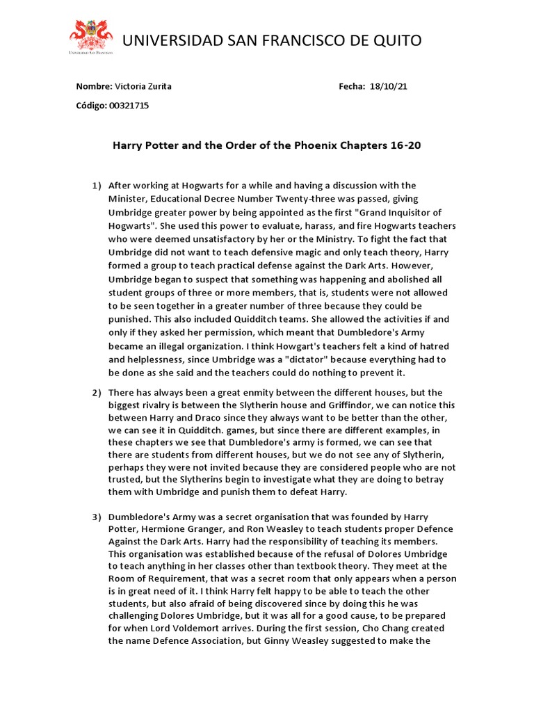 Harry Potter and The Order of The Phoenix Chapters 16-20 | PDF ...