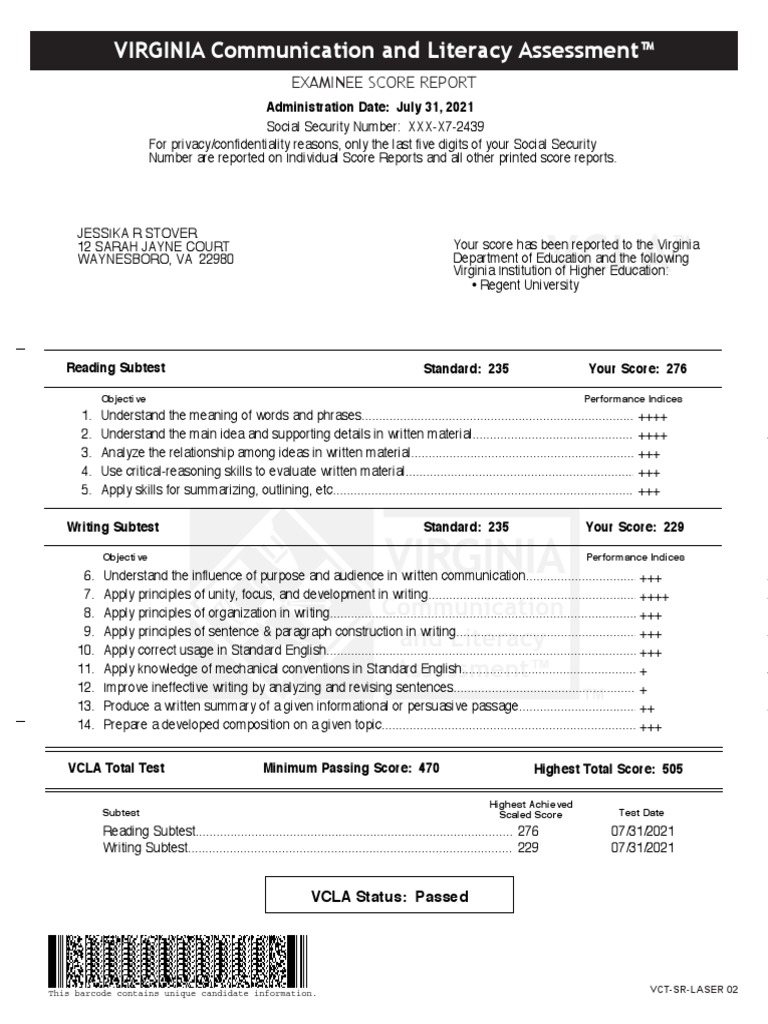Vcla Scores Blacked Out | PDF | Test (Assessment) | Multiple Choice