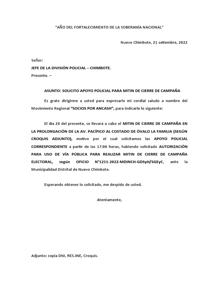 Solicito Apoyo Policial para Mitin de Cierre de Campaña | PDF