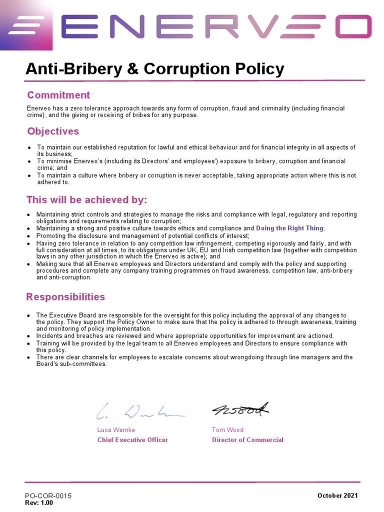 Enerveo Anti-Bribery Policy Overview | PDF | Corruption | Bribery
