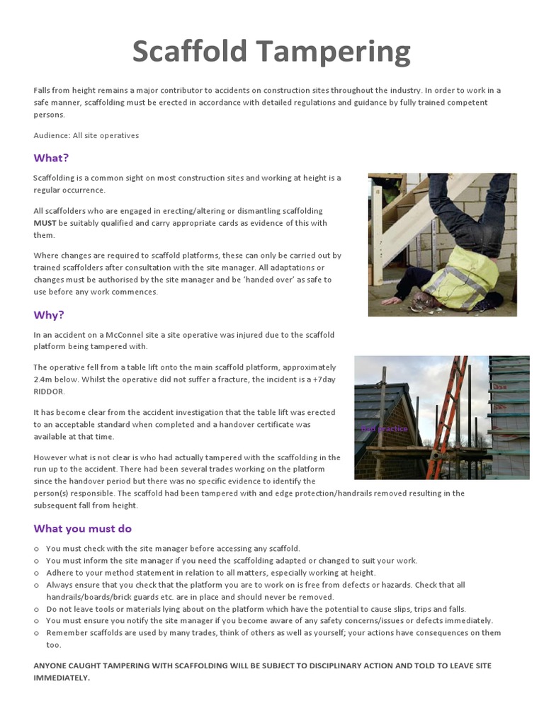 Scaffold Tampering Toolbox Talk | PDF | Scaffolding | Occupational ...