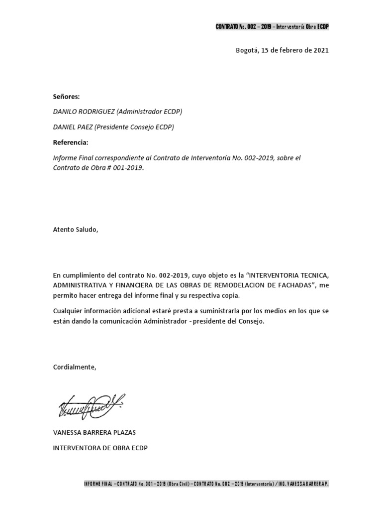Informe Final Interventoria de Obra | PDF | Ciencias de la Salud