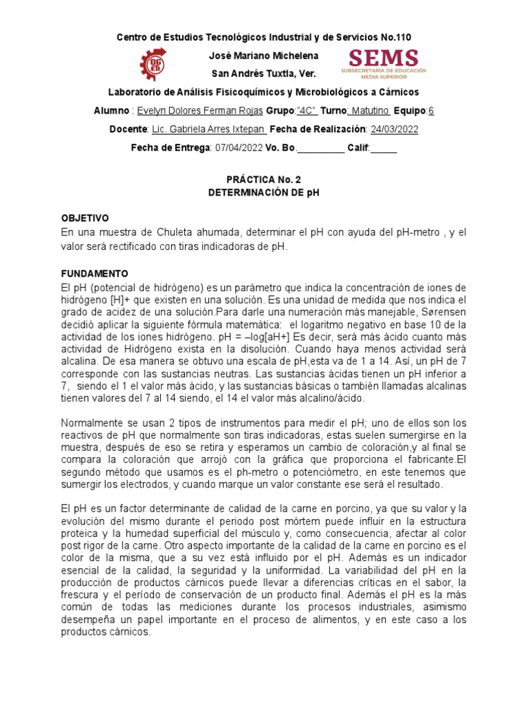 PRÁCTICA No 2 PH - EDFR | PDF | Ph | Carne
