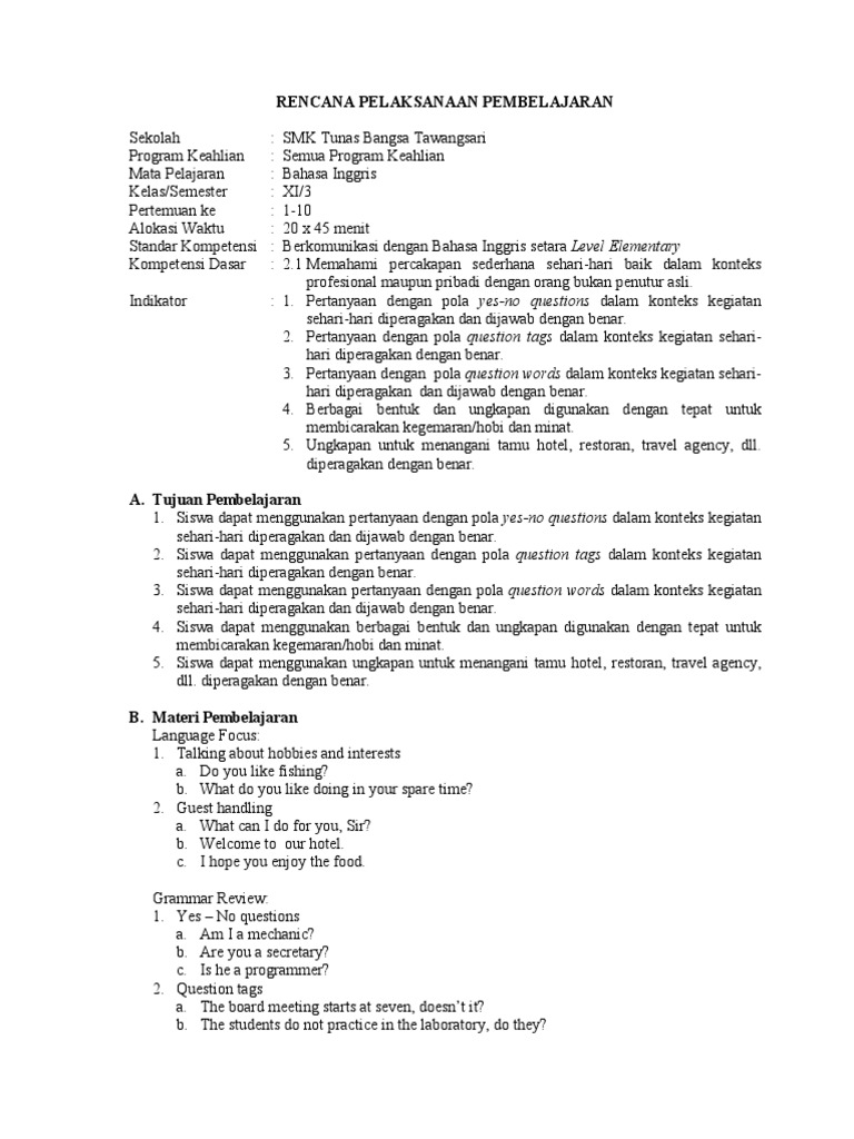 RPP - Bahasa Inggris - SMK - XI - KD.01 | PDF