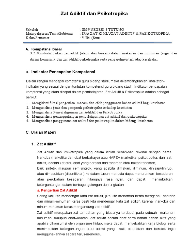 Bahan Ajar Aksi 3 Zat Adiktif Dan Psikotropika | PDF