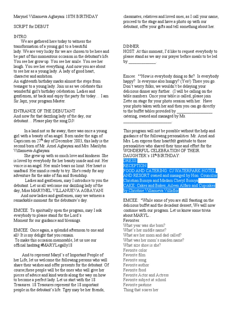 18th Birthday Script Maryl | PDF