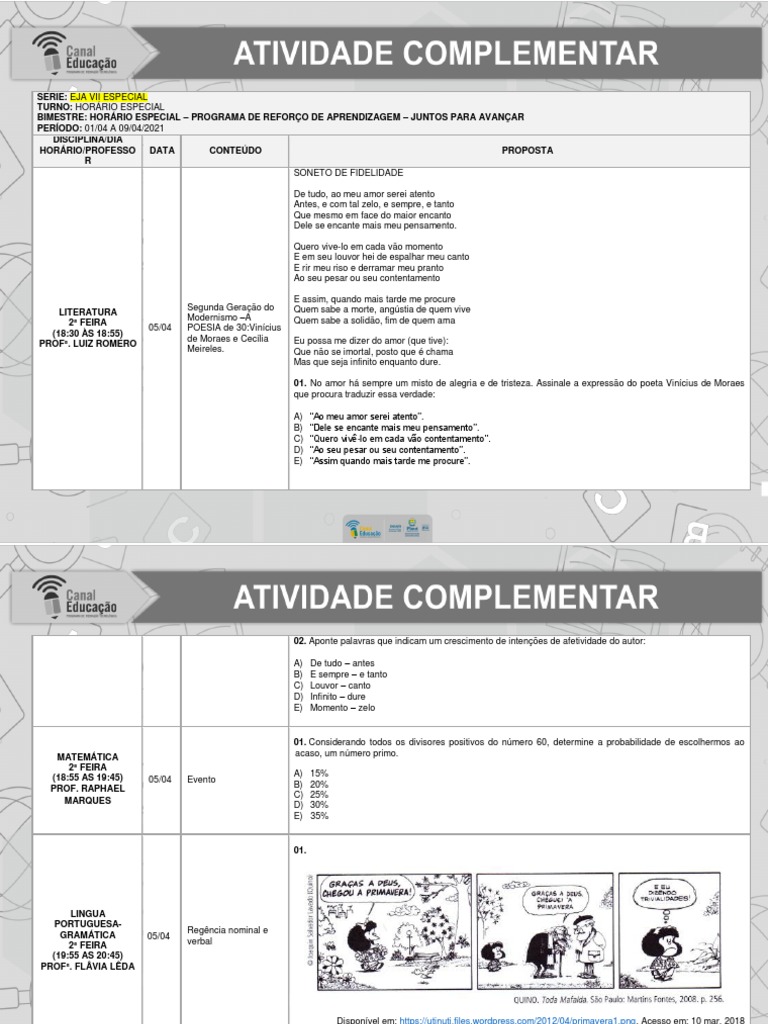 Atividade Complementar Eja Ensino Médio Vii Etapa Especial Mat LP | PDF | Segunda Guerra Mundial ...