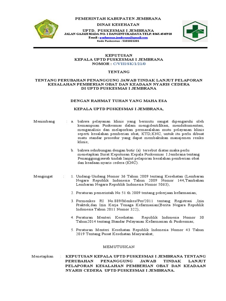 SK Penanggung Jawab Kejadian Nyaris Cedera Pada Obat | PDF