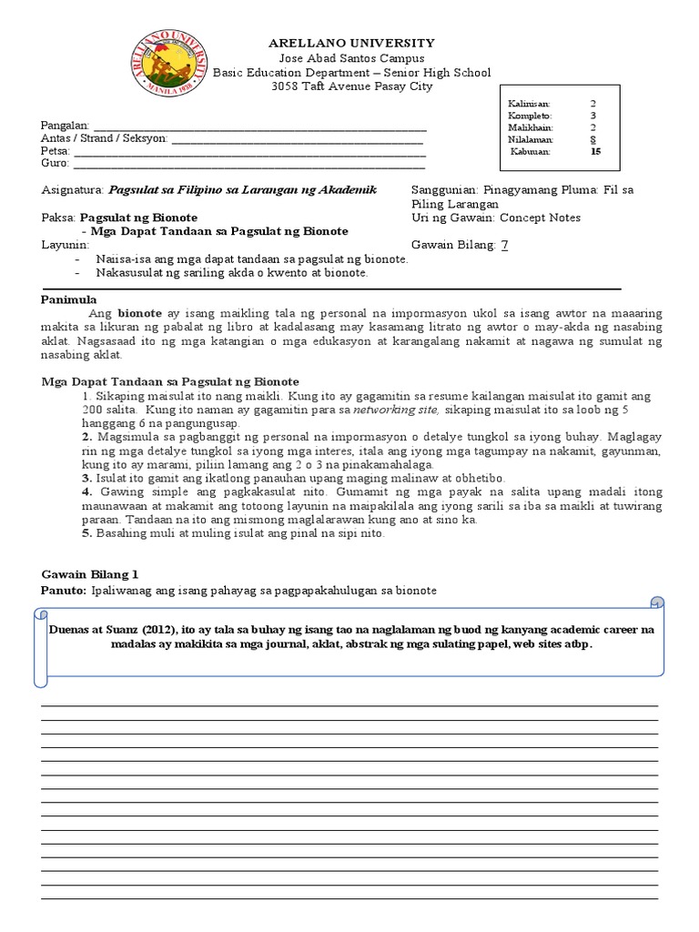DLP 7 L07 Pagsulat NG Bionote | PDF