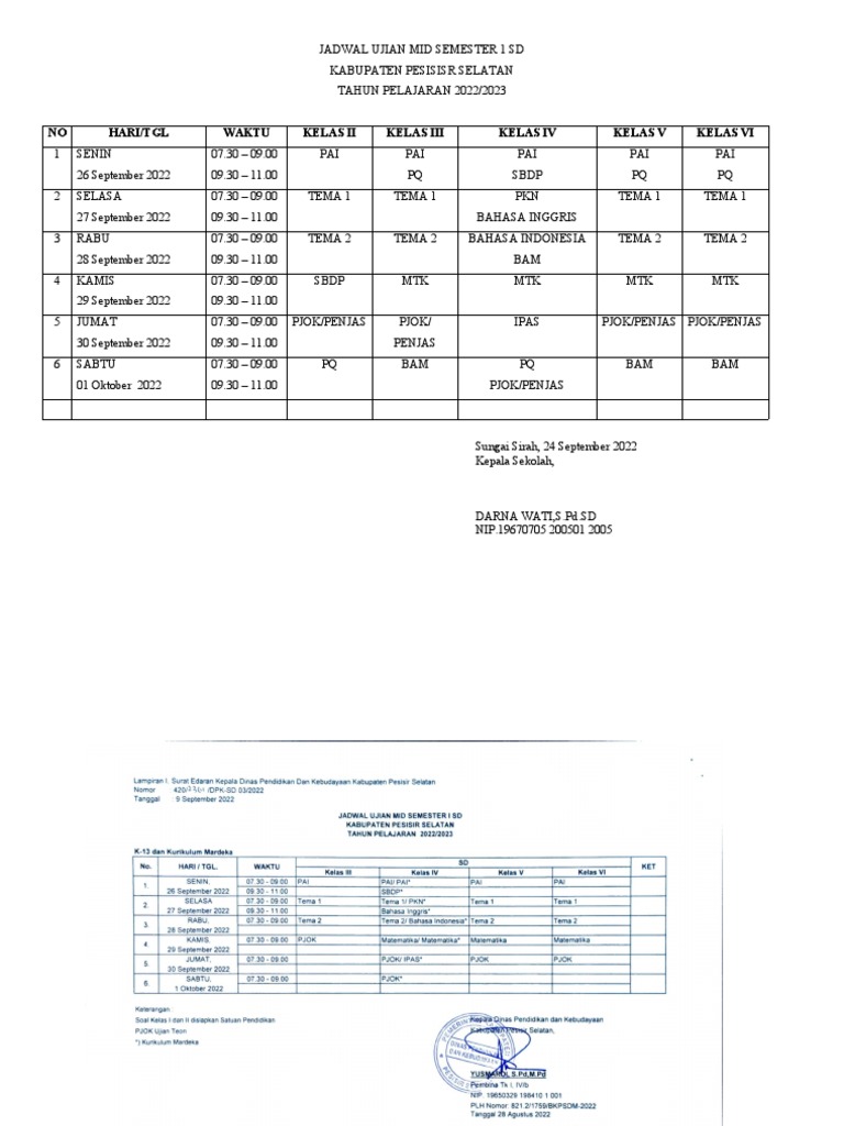 Jadwal Ujian Mid Semester 1 SD | PDF