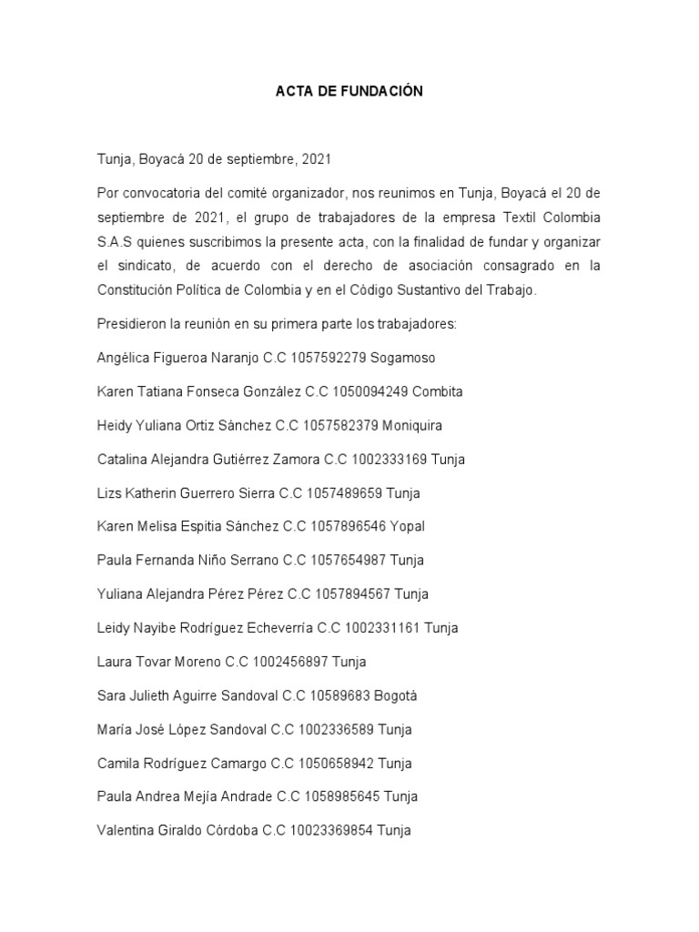 ACTA DE FUNDACIÓN SINDICATO DE TRABAJADORES DE LA EMPRESA TEXTIL COLOMBIA S.A.S (Leidy | PDF ...