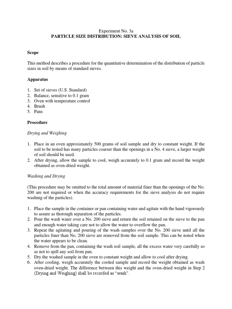 Experiment No. 3a Particle Size Distribution Sieve Analysis of Soil | PDF | Particle Size ...