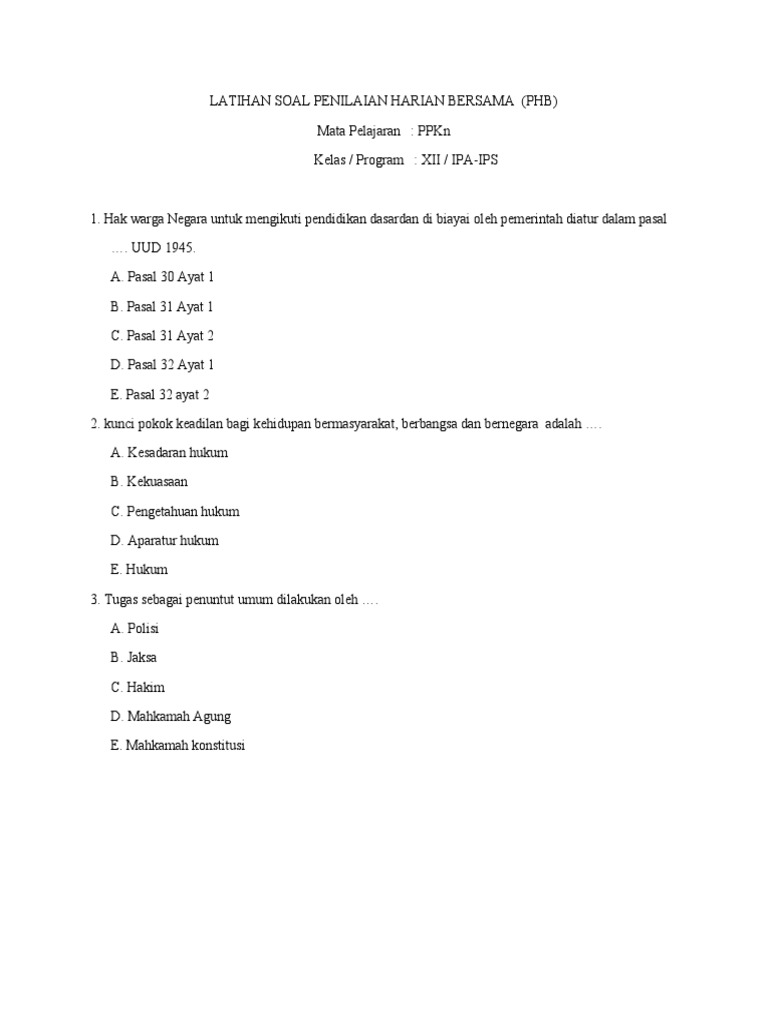 Latihan Soal PHB PPKN (2223) Kls Xii | PDF | Politik | Ilmu Sosial