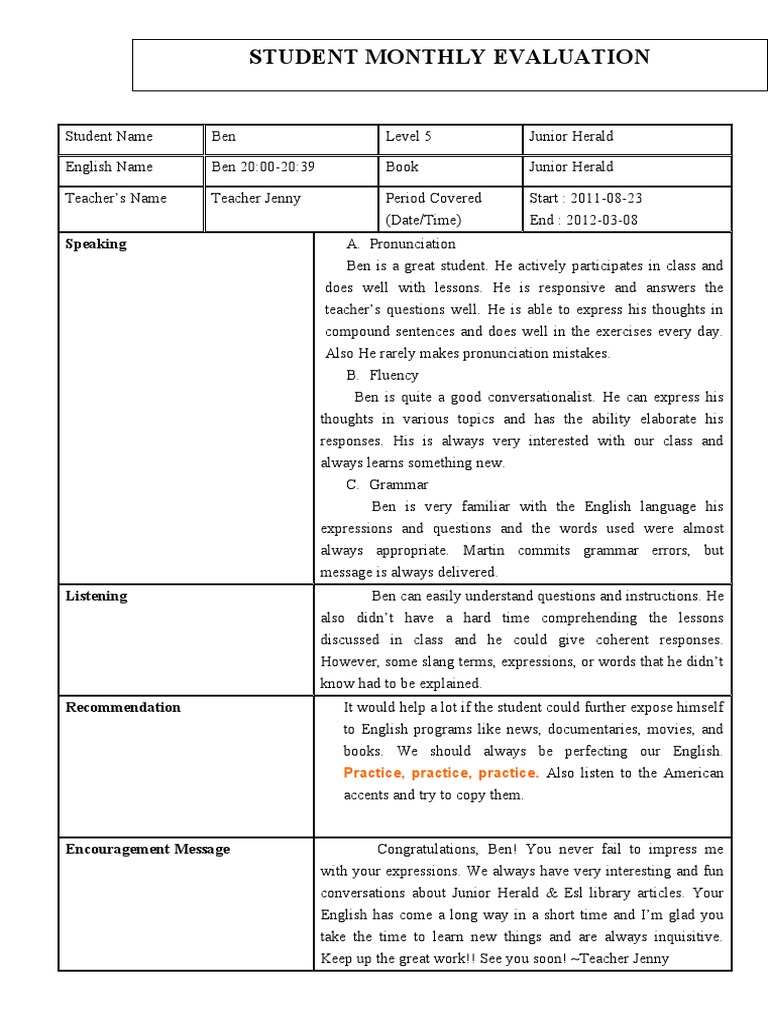 Monthly Report Sample | PDF | English Language | Behavior Modification