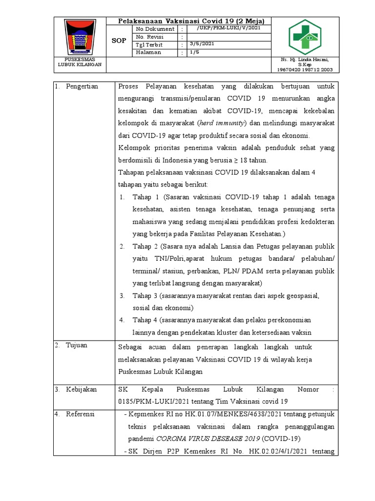 SOP Alur Pelayanan Vaksinasi 2 Meja | PDF